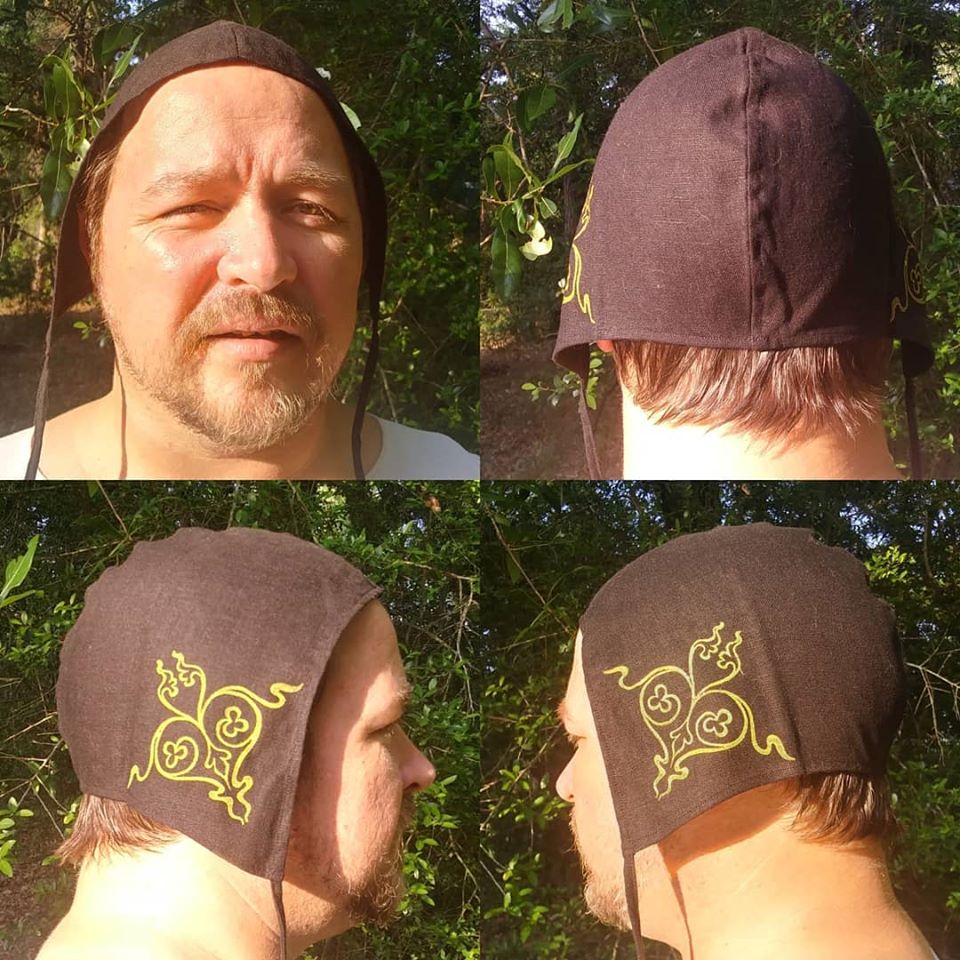 Large linen coif/arming cap in black/yellow with decorative 12th ...