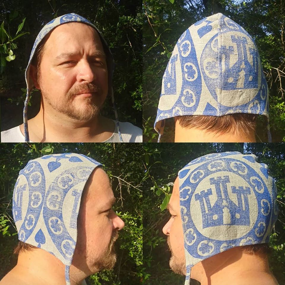 Large raw silk coif/arming cap in greenish grey/blue with 13th century ...