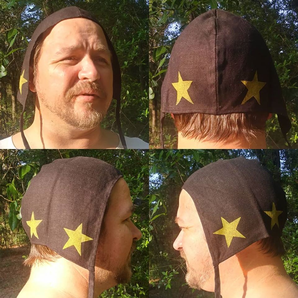 Large linen coif/arming cap in black/yellow with star print - Racaire's ...