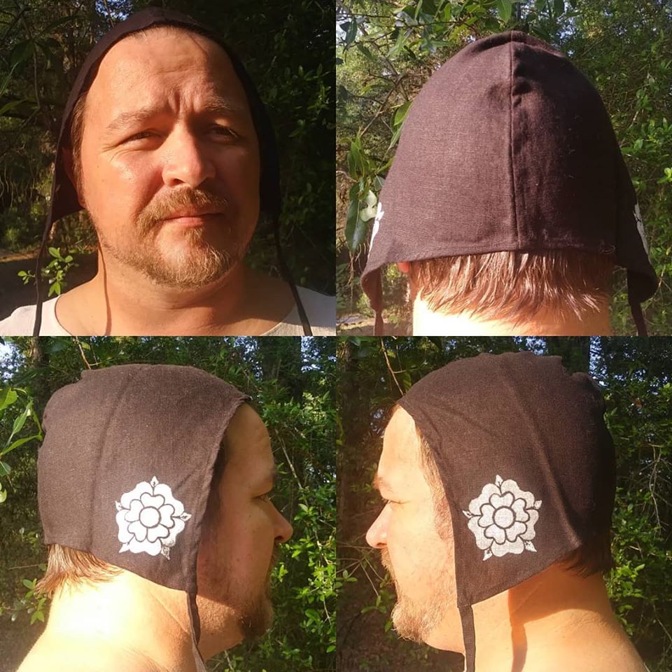 Large linen coif/arming cap in black/white with rose print - Racaire's ...