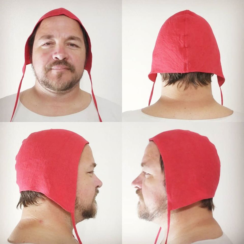 Large linen coif/arming cap - red - unprinted - Racaire's Workshop