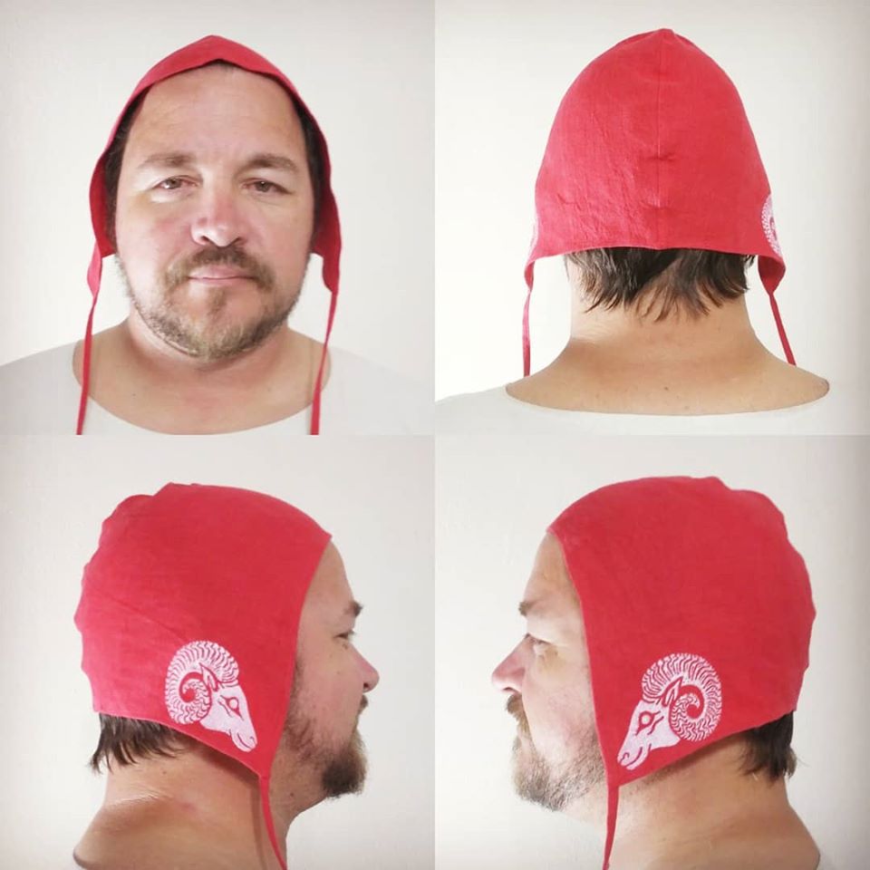 Large linen coif/arming cap in red/white with ram head print - Racaire ...