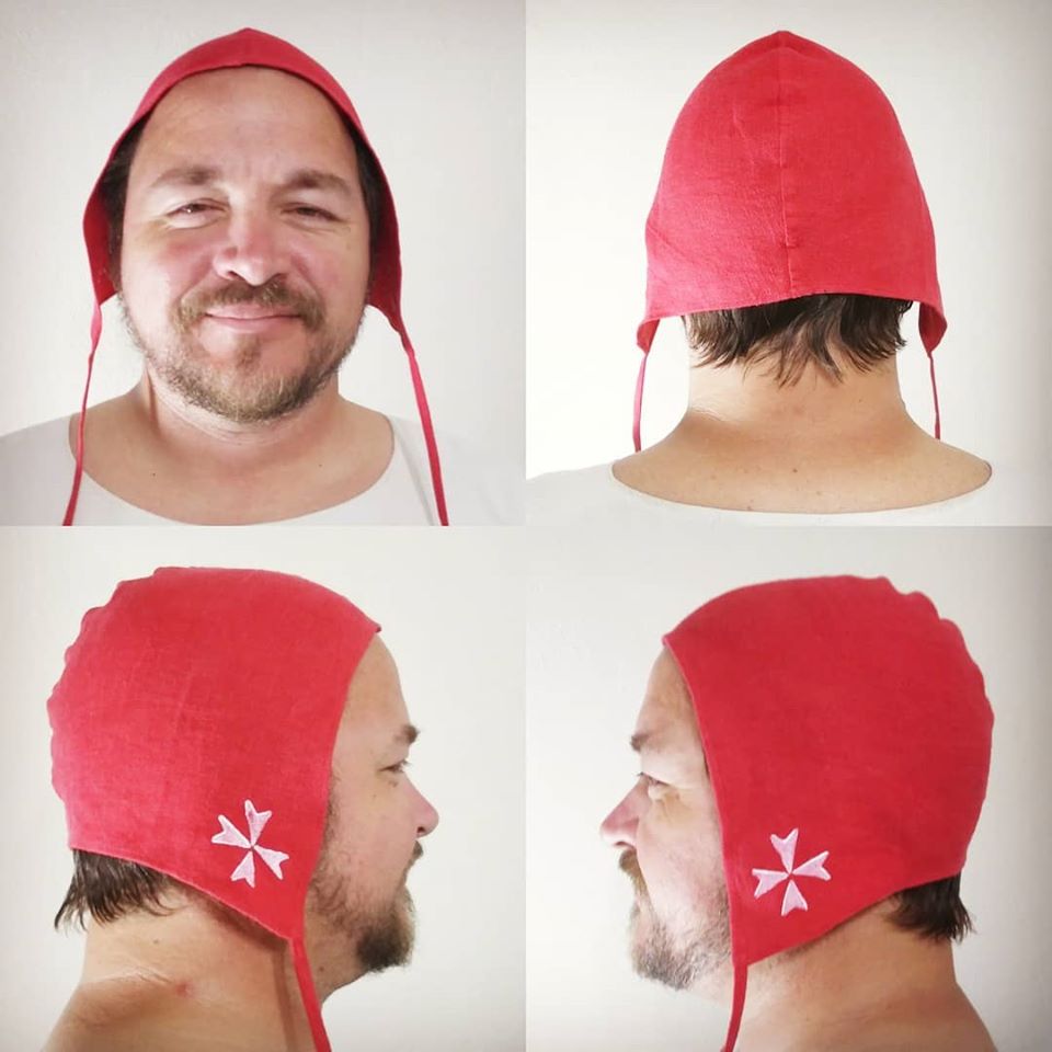 Large linen coif/arming cap in red/white with crusader cross print ...