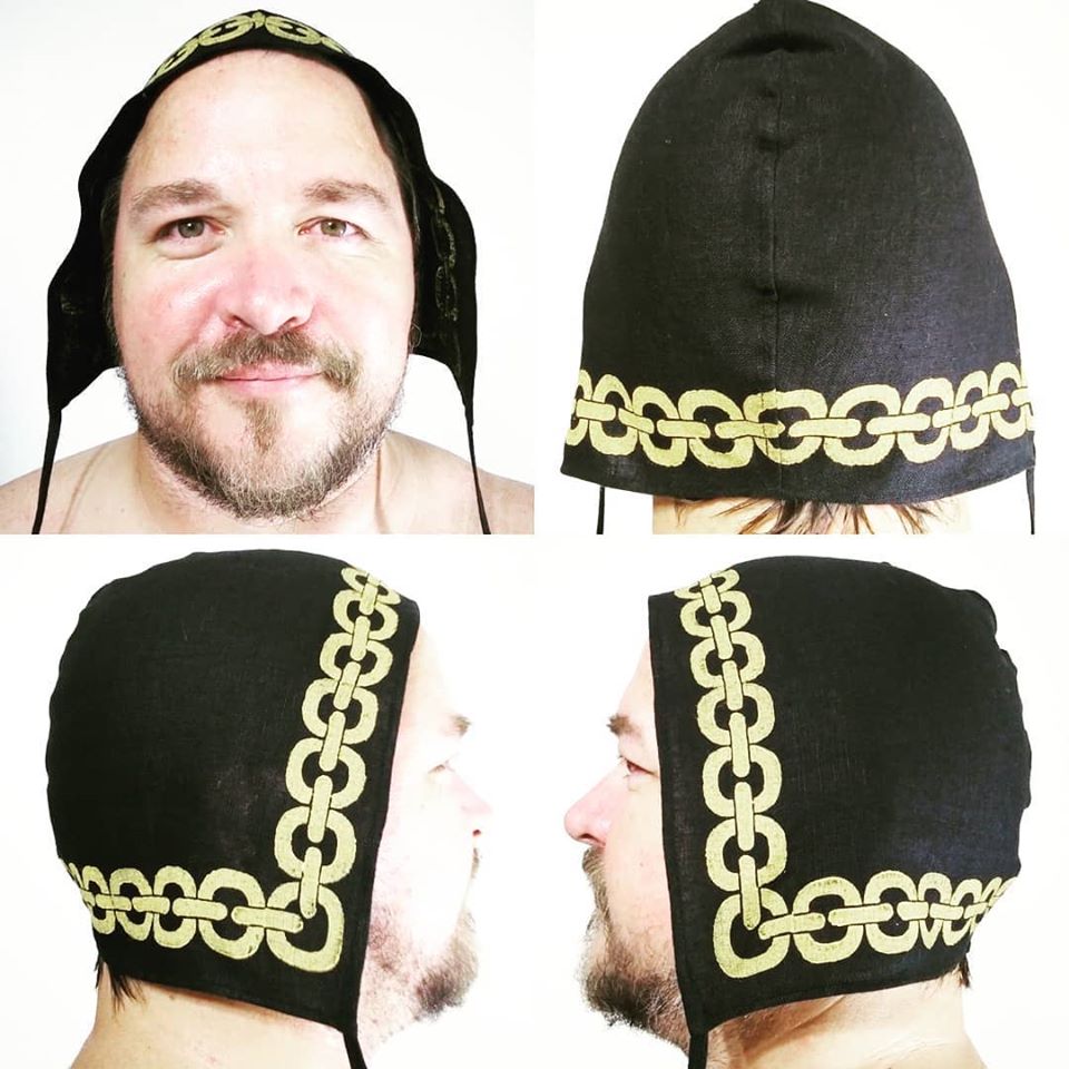 Large linen coif/arming cap in black/yellow with chain print - Racaire ...