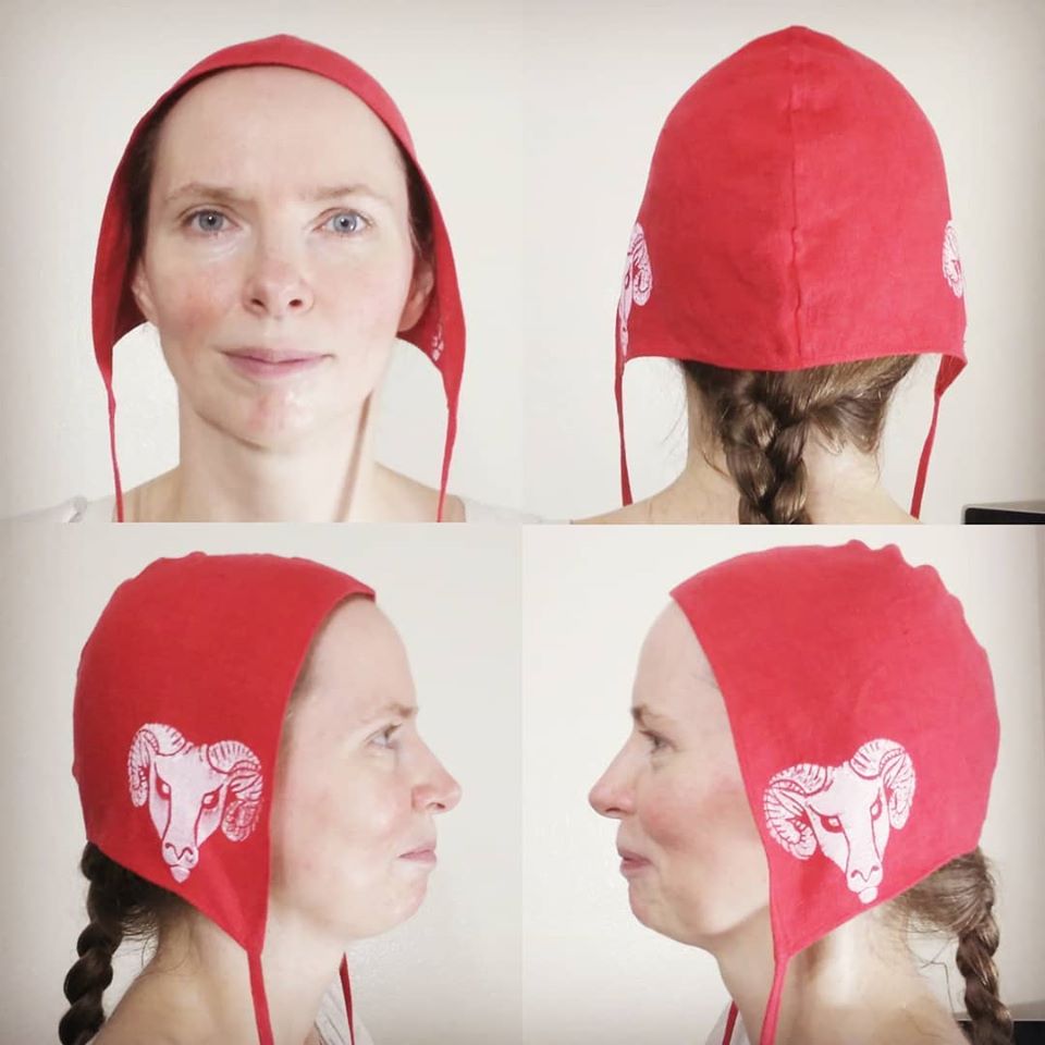 Medium linen coif/arming cap in red/white with ram head print - Racaire ...