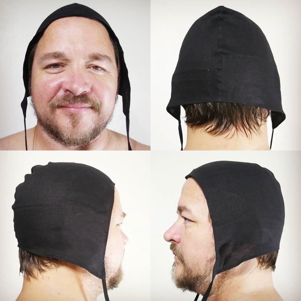 Large linen coif/arming cap - black - unprinted - Racaire's Workshop