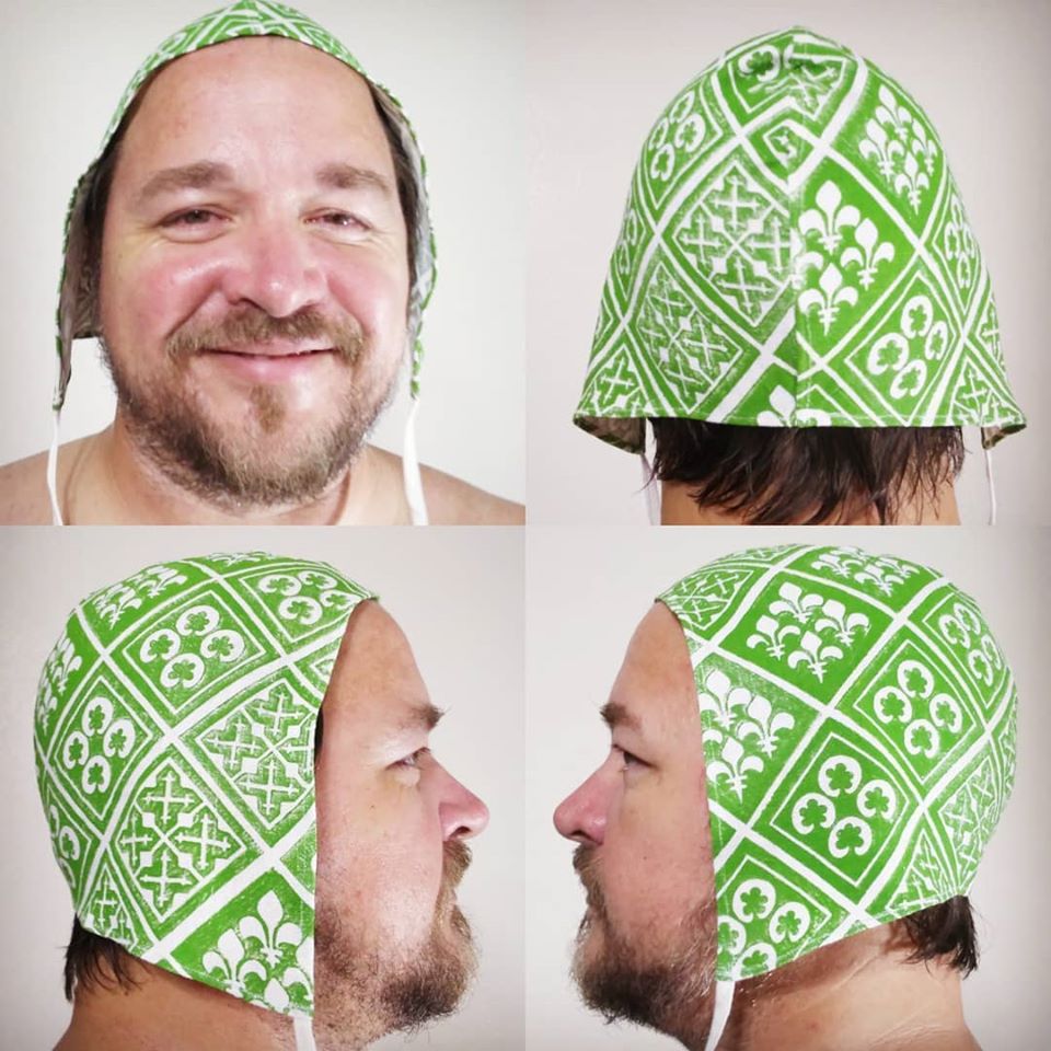 Large linen coif/arming cap in white/green with 13th century print ...