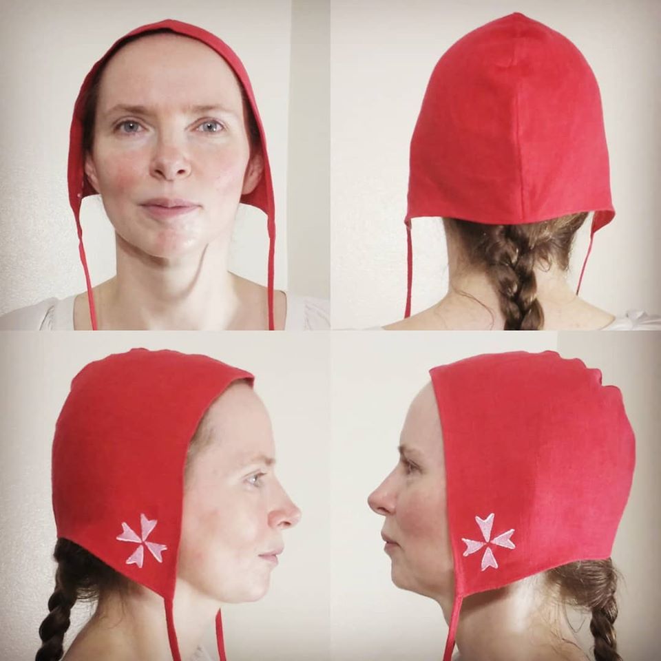 Medium linen coif/arming cap in red/white with crusader cross print ...