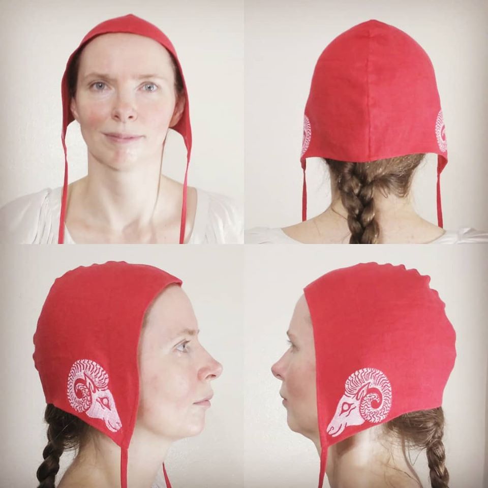 Medium linen coif/arming cap in red/white with ram head print - Racaire ...