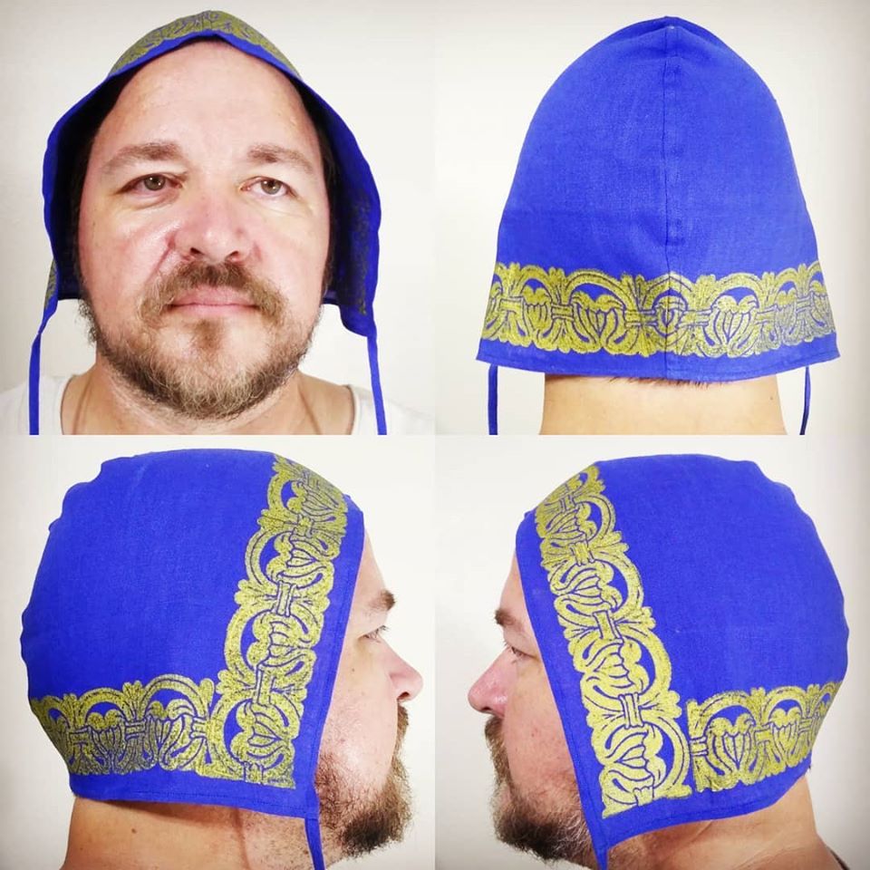 Large linen coif/arming cap in blue with premium gold 12th century ...