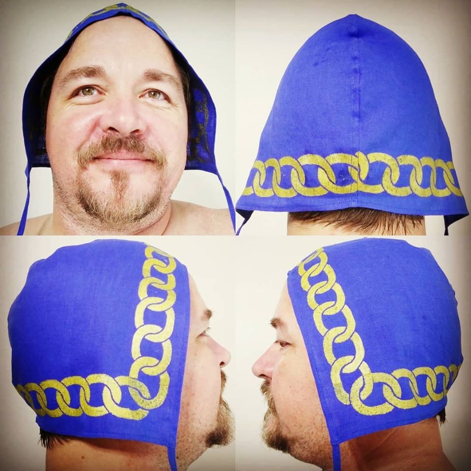 Large linen coif/arming cap in blue with premium gold chain print ...