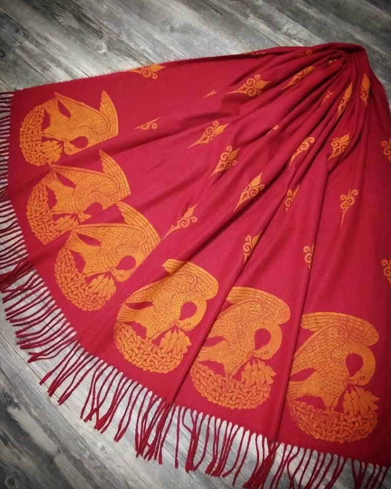 Scarf with 15th century Pelican print - red (dark)/yellow - Racaire's ...