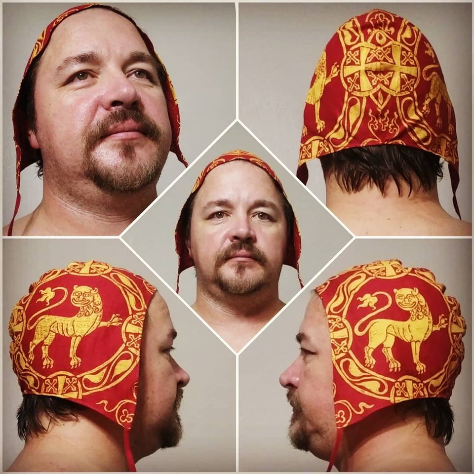 Large linen coif/arming cap in red/yellow with 12th century lion print ...