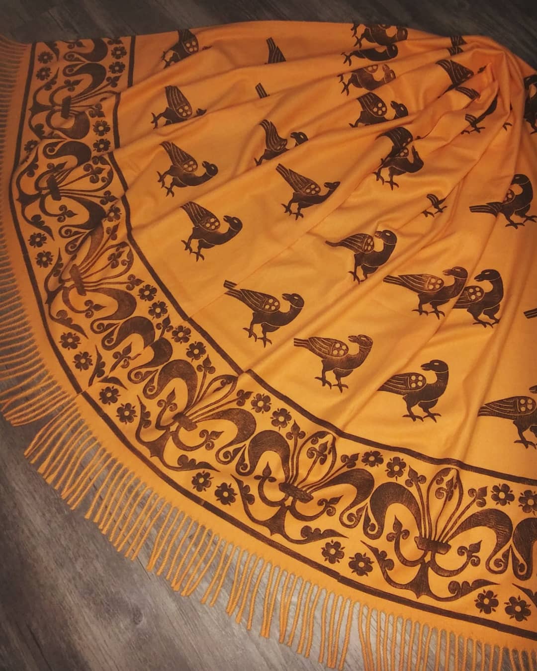Scarf with 13th/14th century raven print - orange/black - Racaire's ...