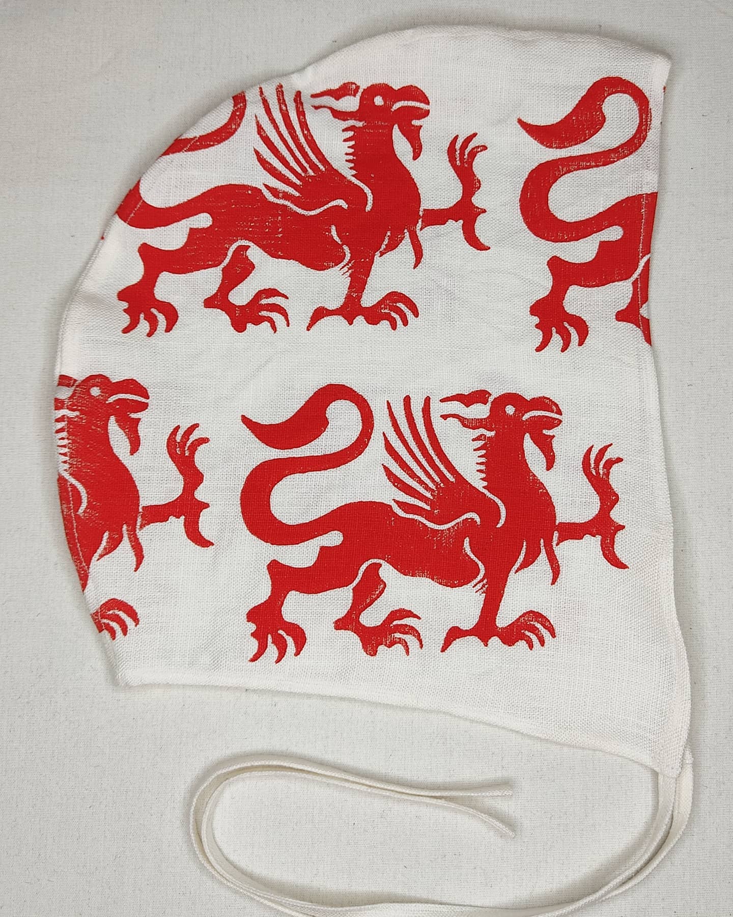 Large linen coif/arming cap in white/red with 13th century griffin ...