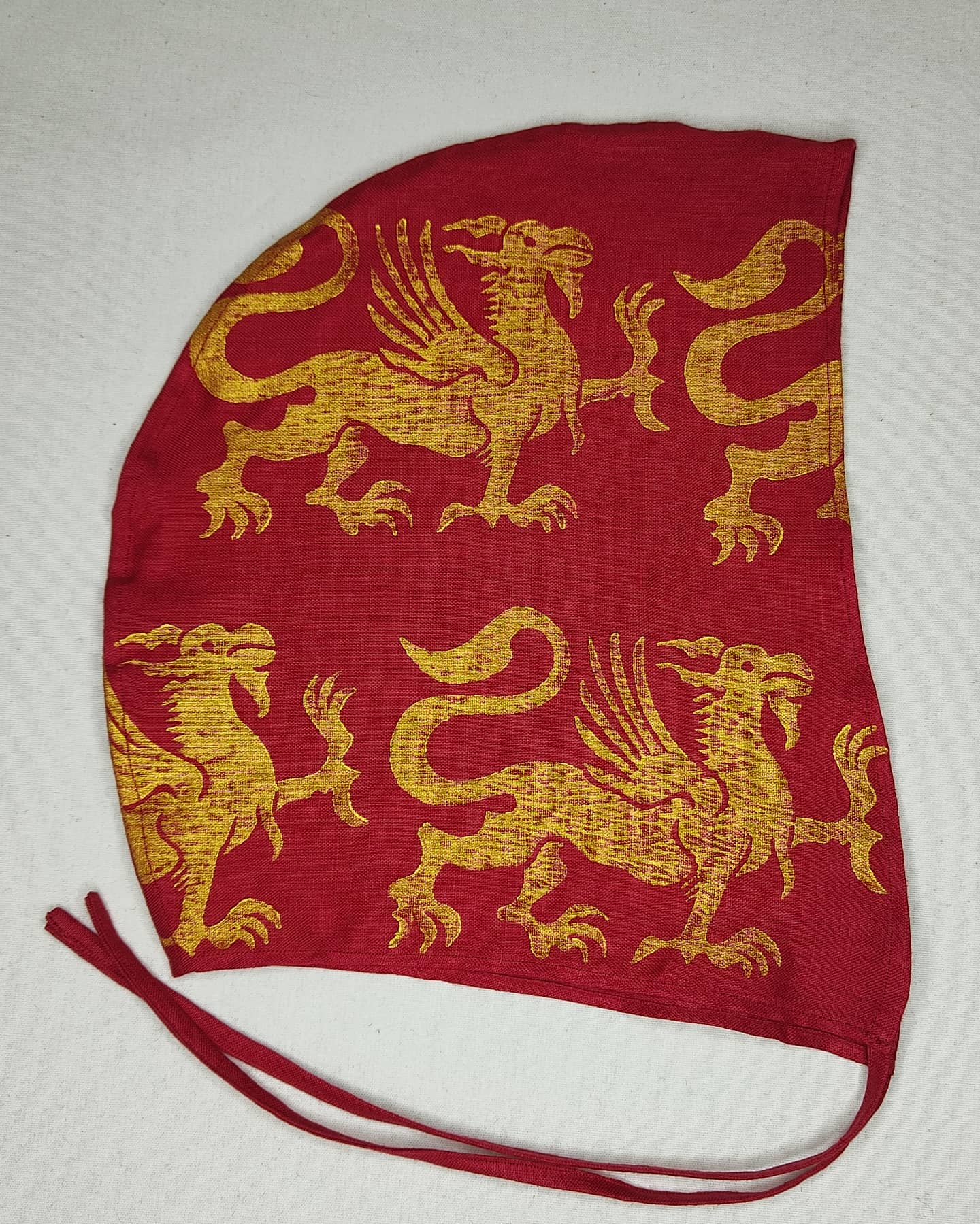 Large linen coif/arming cap in red/gold with 13th century griffin print ...