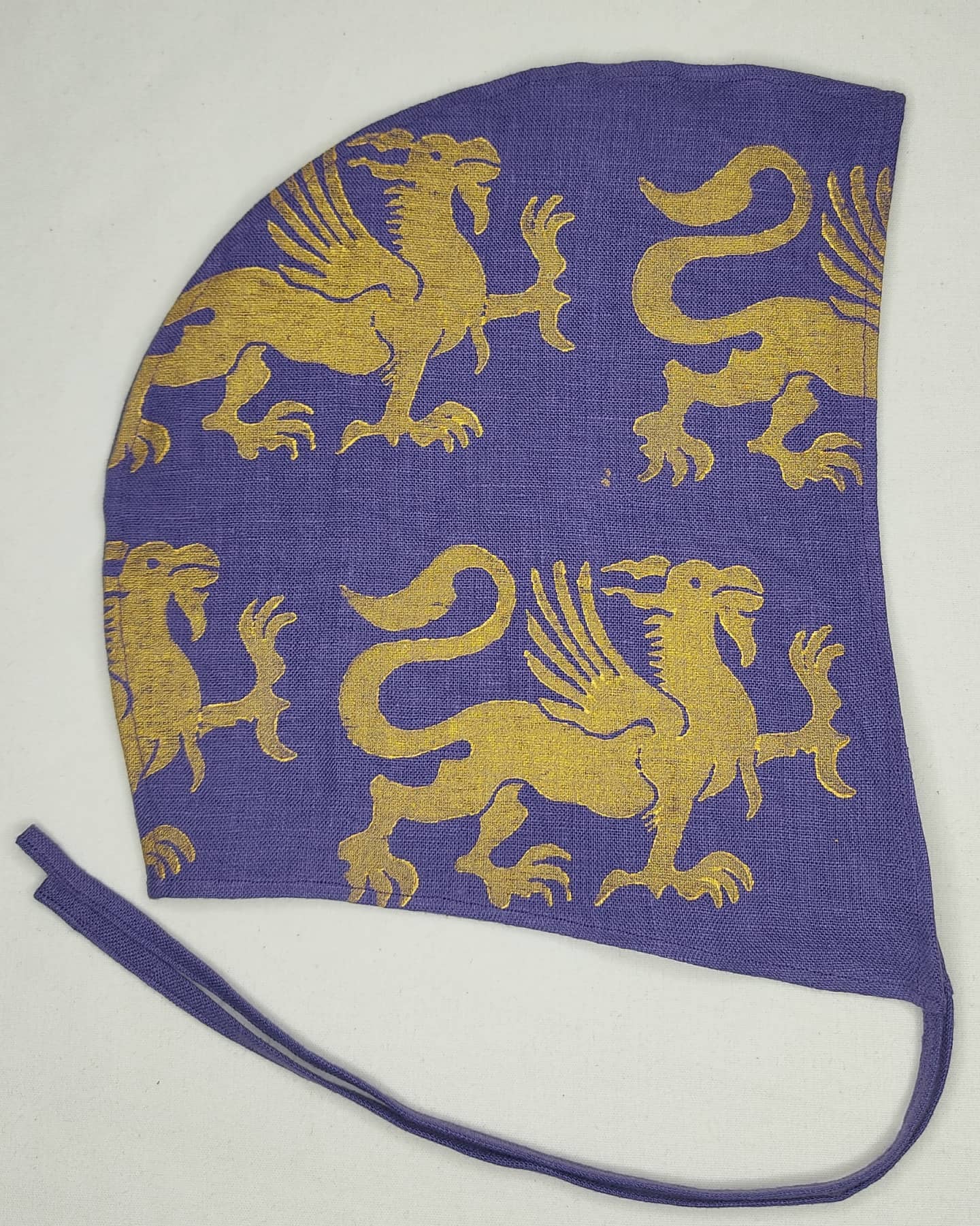Large linen coif/arming cap in purple/gold with 13th century griffin ...