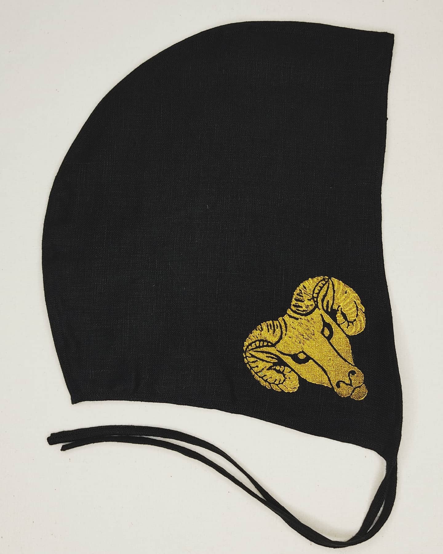 Large linen coif/arming cap in black/gold with ram head print - Racaire ...