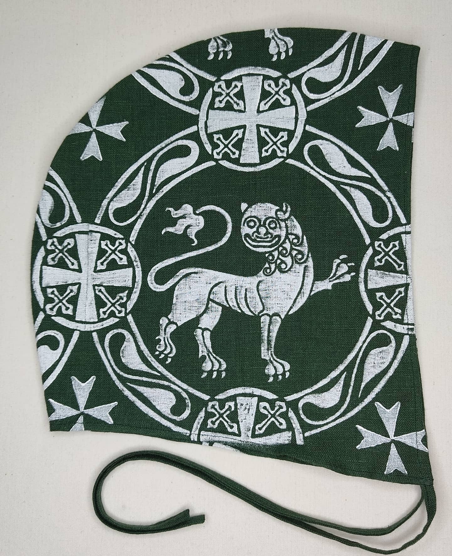 XLarge linen coif/arming cap in green (dark)/white with 12th century ...