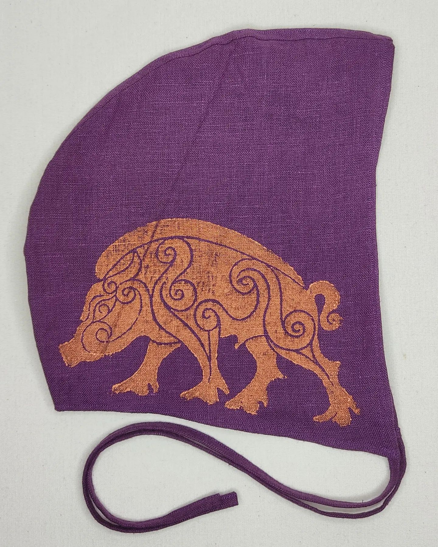 Medium linen coif/arming cap in purple (magenta)/copper with boar print ...