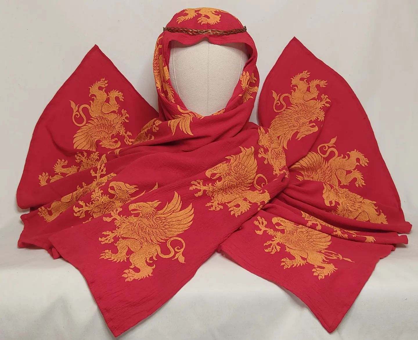 Scarf/ Sarong/ Wrap with rampant griffin print - red/yellow - light ...