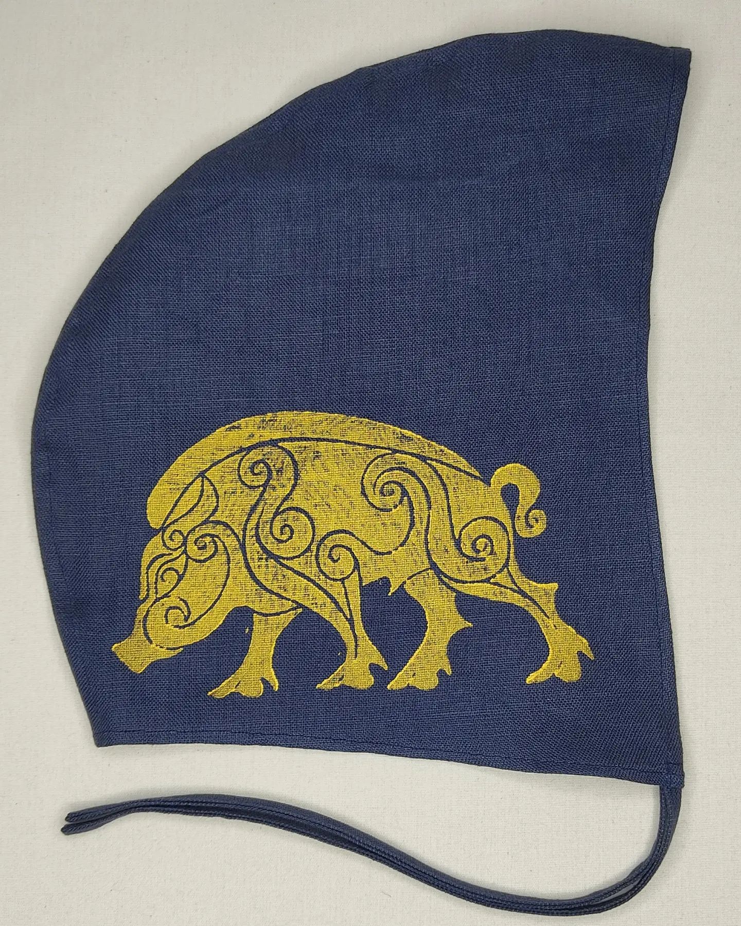 Large linen coif/arming cap in blue (dark)/gold with boar print ...