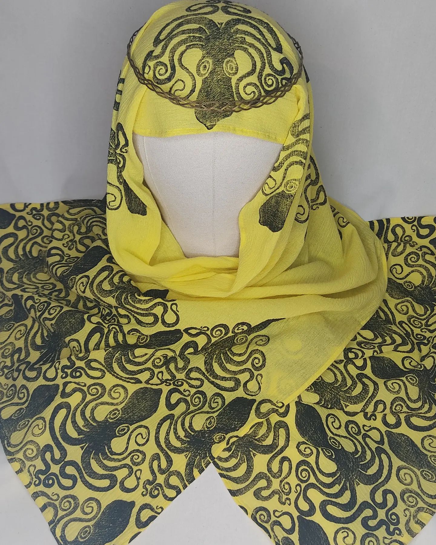 Scarf with octopus print - yellow/black - light weight cotton gauze ...