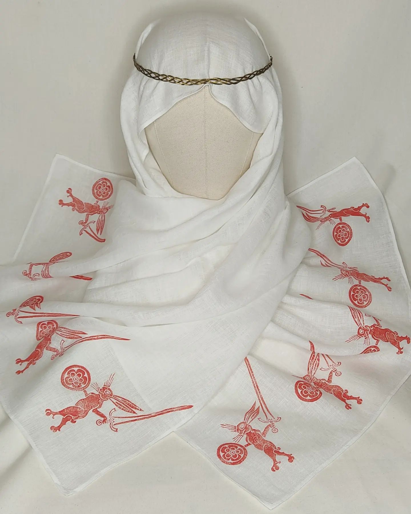 Scarf with 14th century warrior bunny print - white/red - light weight ...