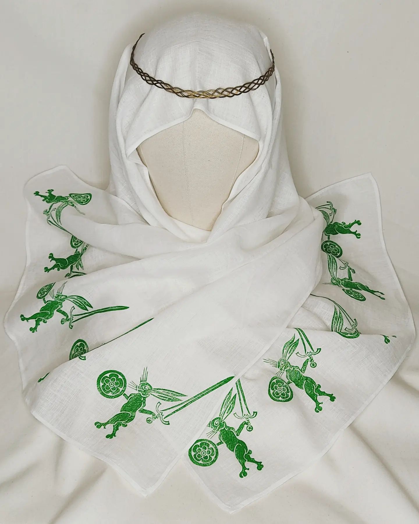 Scarf with 14th century warrior bunny print - white/green - light ...