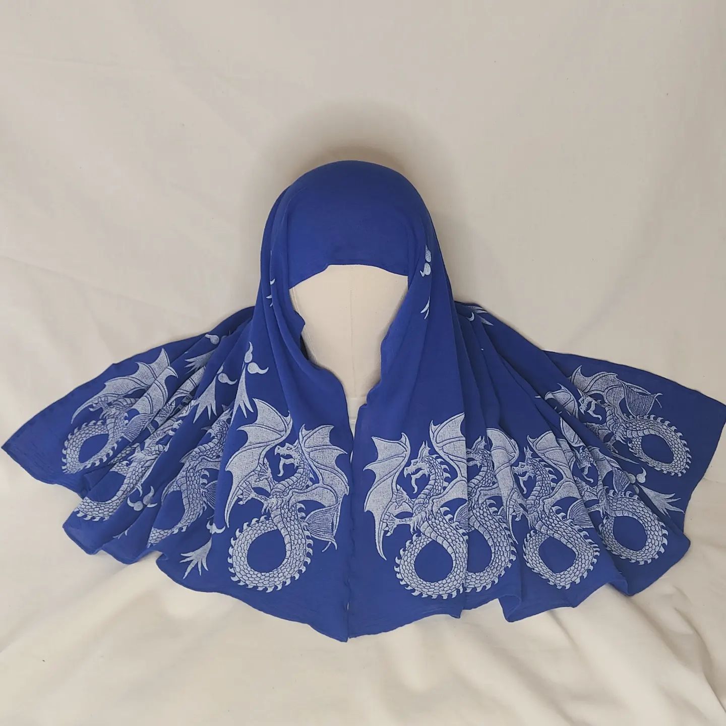 Scarf with sea dragon & ermine spot print - blue/white - light weight ...