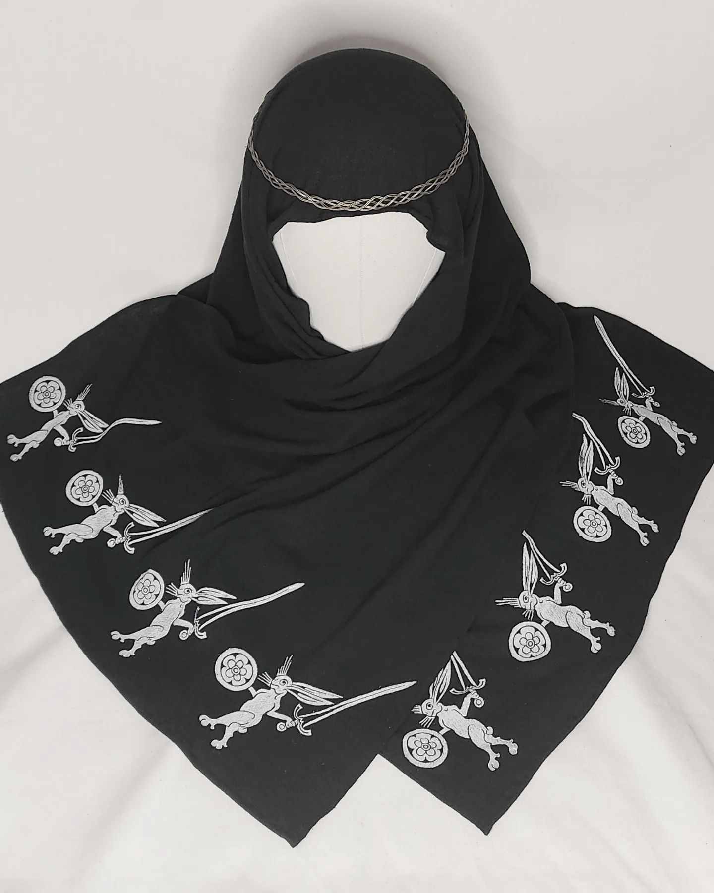 Scarf with 14th century warrior bunny print - black/white - light ...