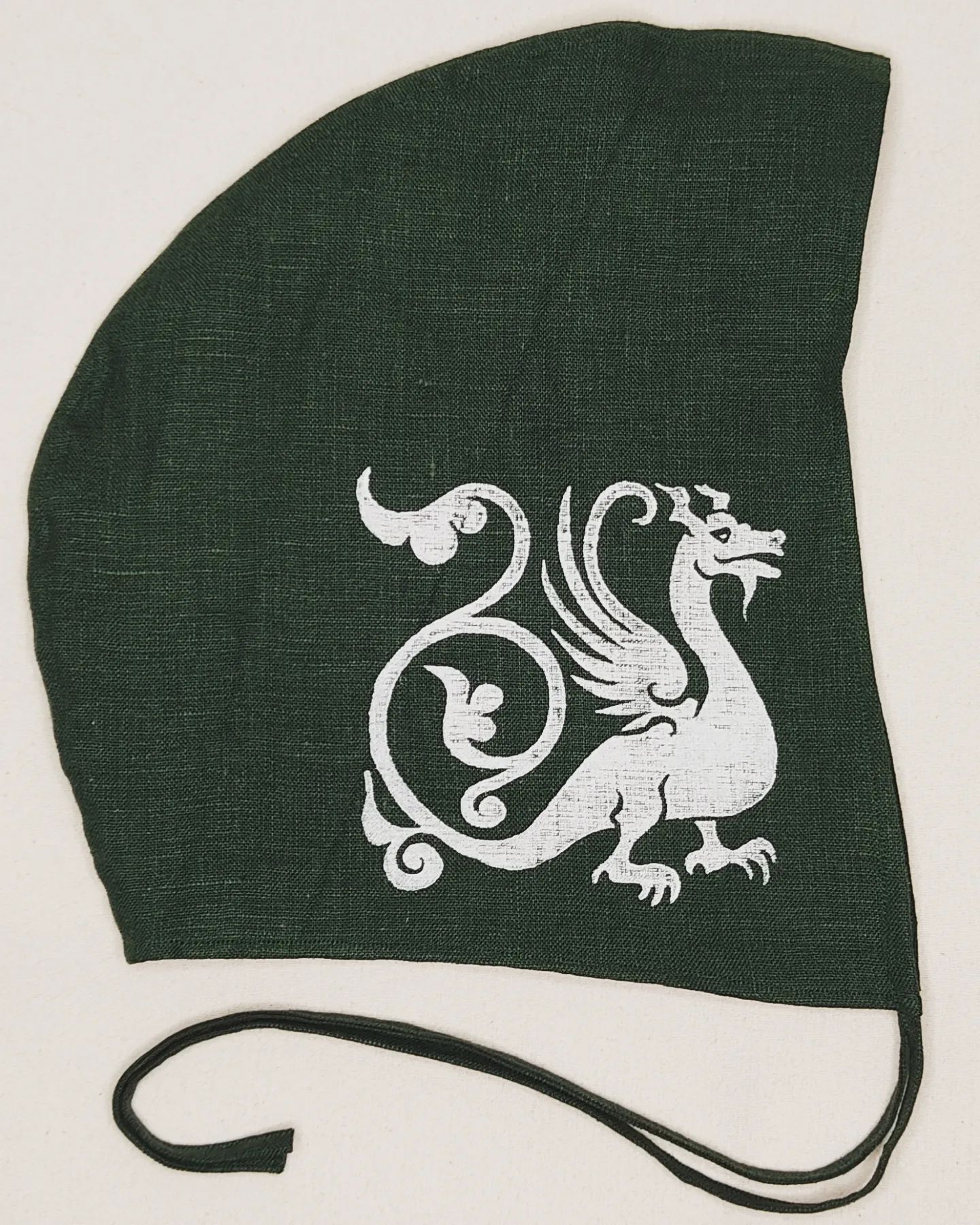 Large linen coif/arming cap in green (dark)/white with 13th century ...
