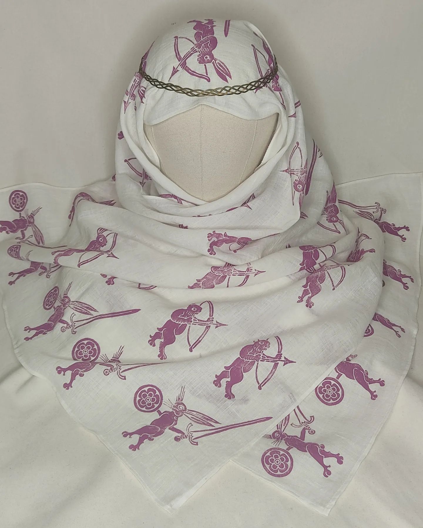 Scarf with 14th century warrior & archer bunny print - white/purple ...