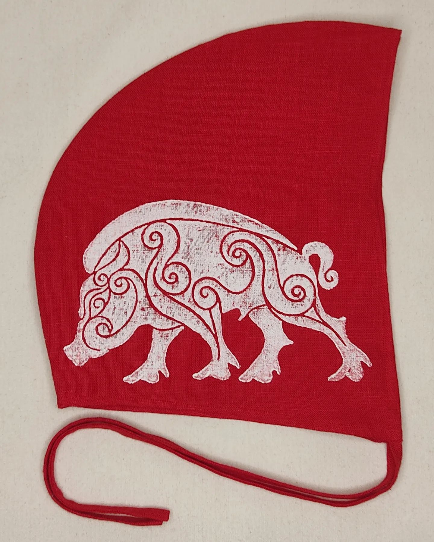 Medium linen coif/arming cap in red/white with boar print - Racaire's ...