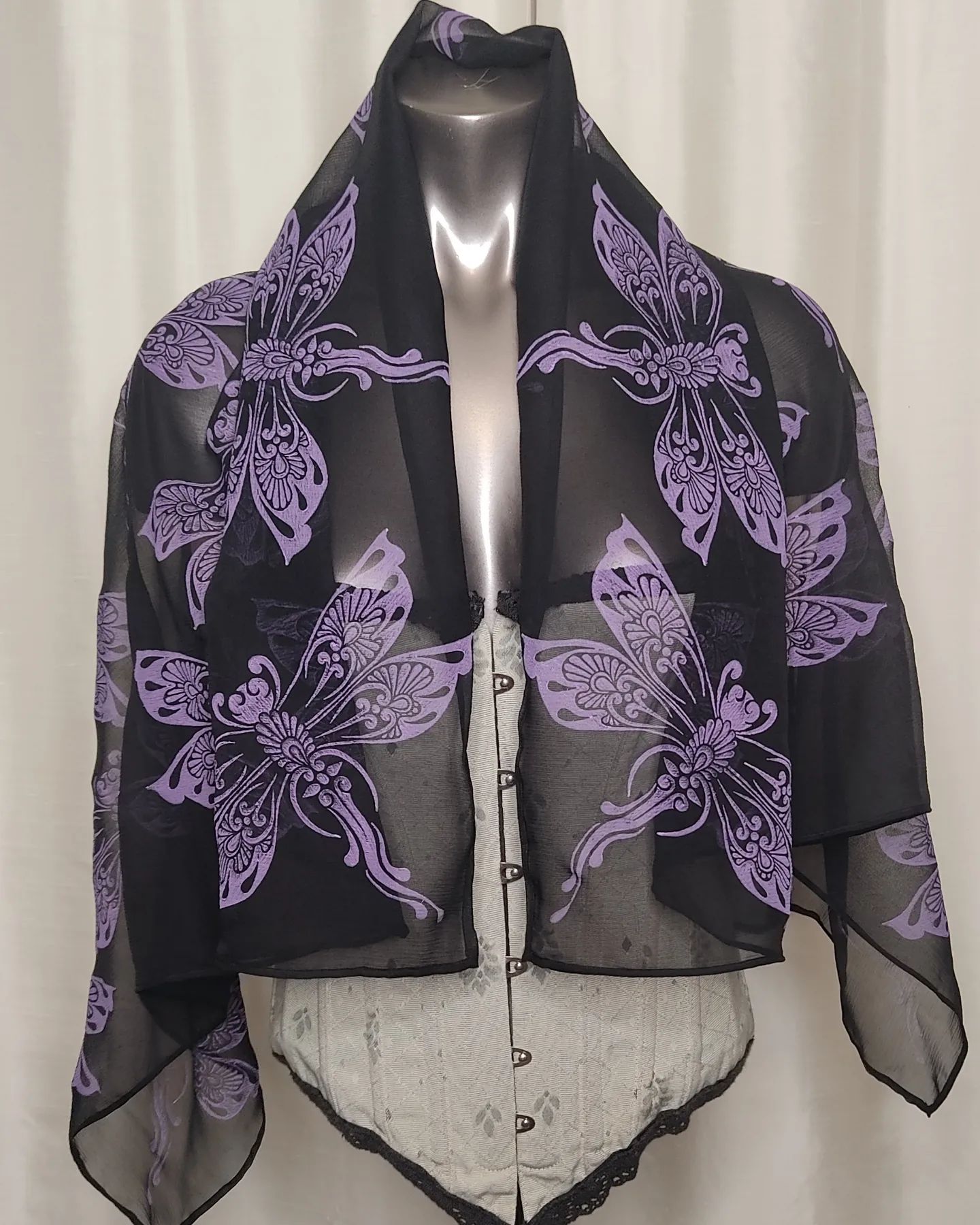 Scarf with dragonfly print - black/purple - light weight silk chiffon ...