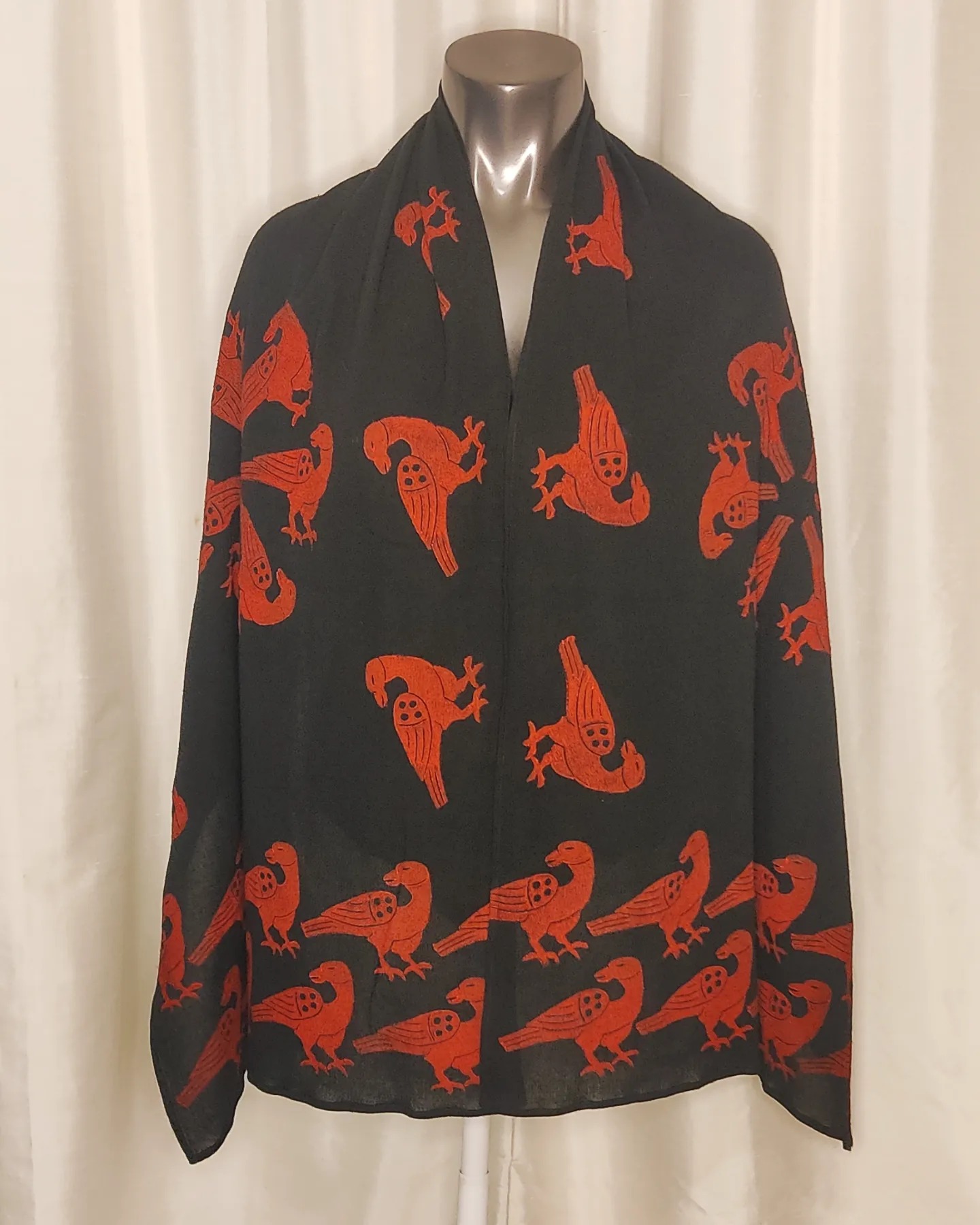 Scarf with 13th/14th century raven print - black/red - light weight ...