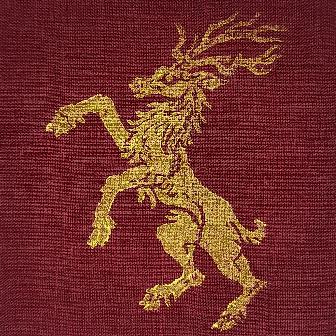 Linen patch with rampant stag print – red (dark)/gold - Racaire's Workshop