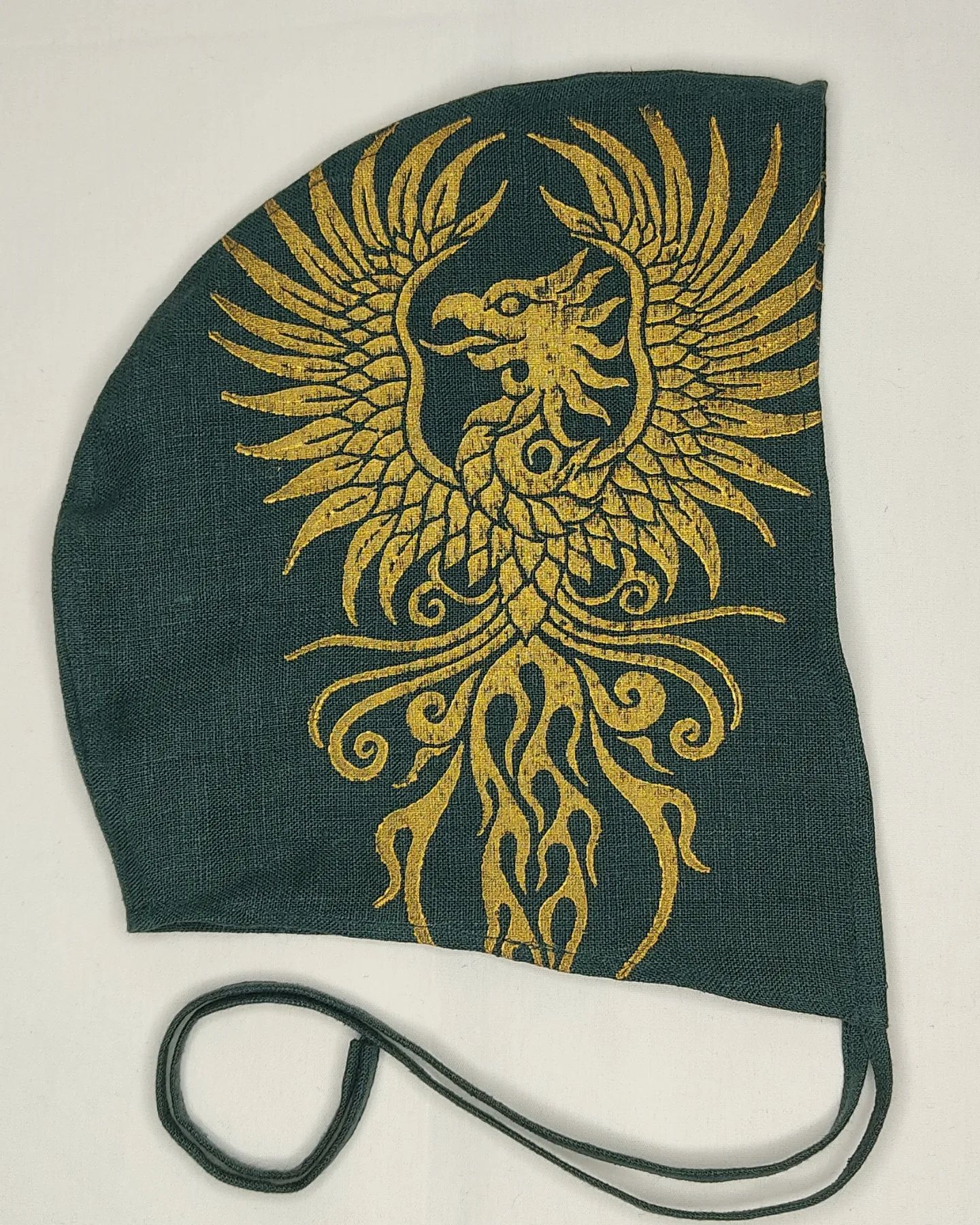 Medium linen coif/arming cap in green (dark)/gold with phoenix print ...