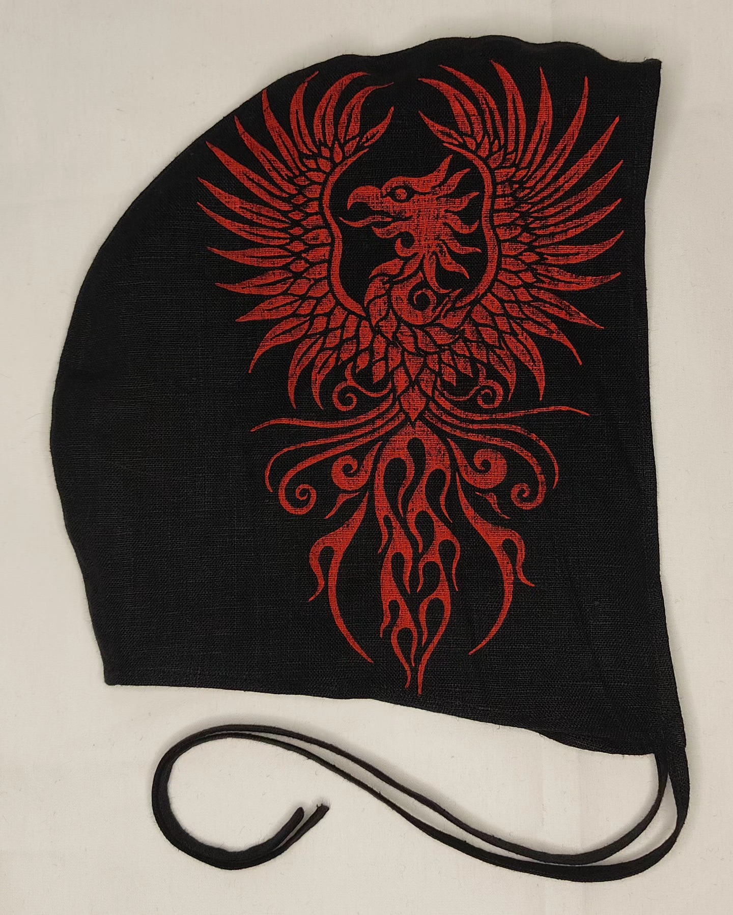 Large linen coif/arming cap in black/red with phoenix print - Racaire's ...