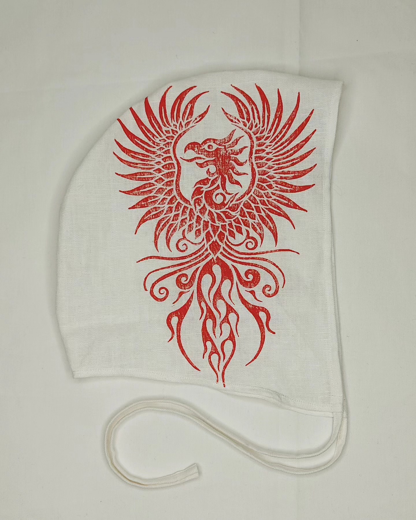 Large linen coif/arming cap in white/red with phoenix print - Racaire's ...